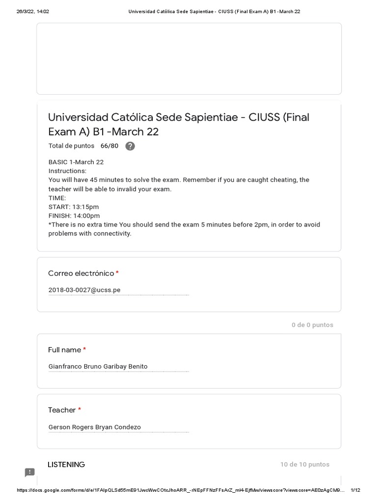 Universidad Católica Sede Sapientiae - CIUSS (Final Exam A) B1 - March ...