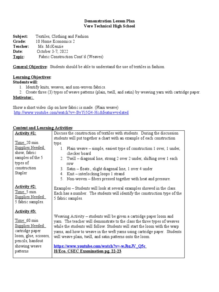 Fabric Construction Practical Lesson - Plan Grade 10 (2022 Oct.) | PDF