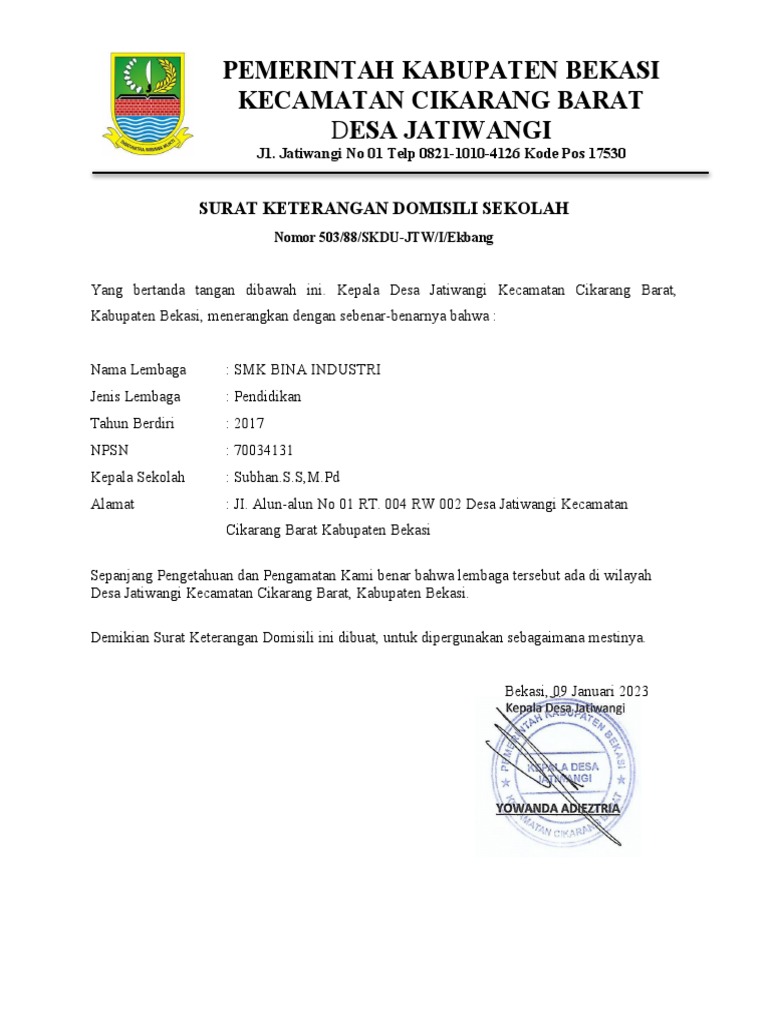 Pemerintah Kabupaten Bekasi Surat Keterangan Domisili | PDF