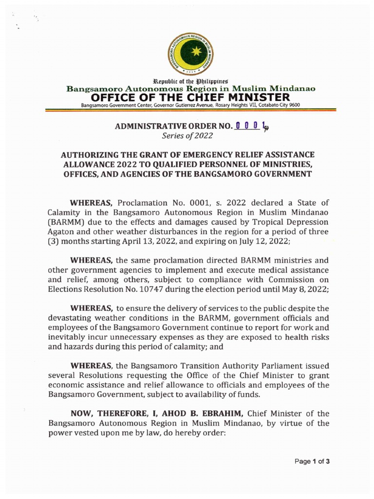 Admin Order No. 0001 S. 2022 | PDF