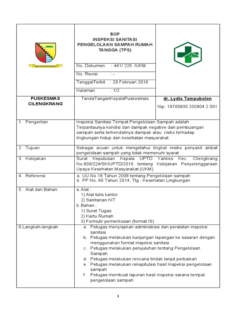 Sop Inspeksi Sanitasi TPS | PDF