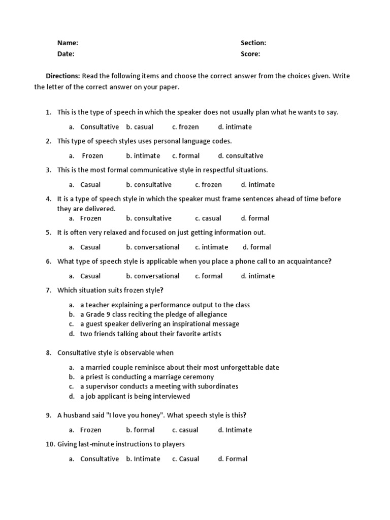 Speech Styles Quiz | PDF | Cognitive Science | Linguistics