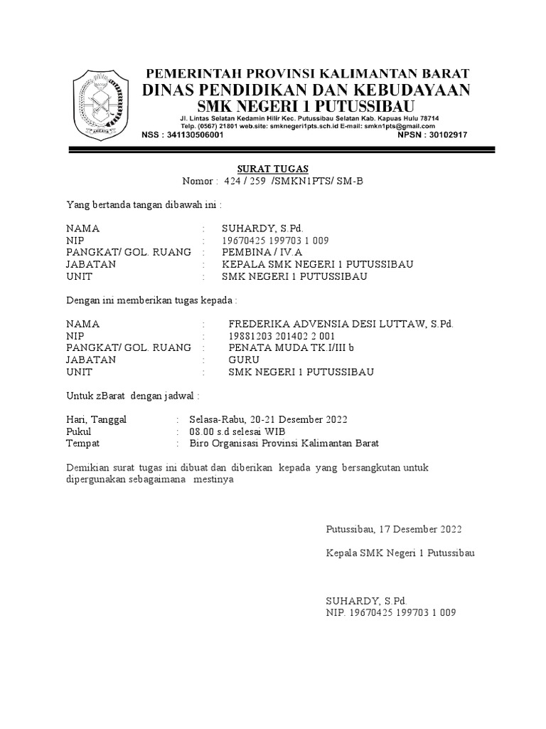 Surat Tugas Frederika di SMKN 1 PTS | PDF