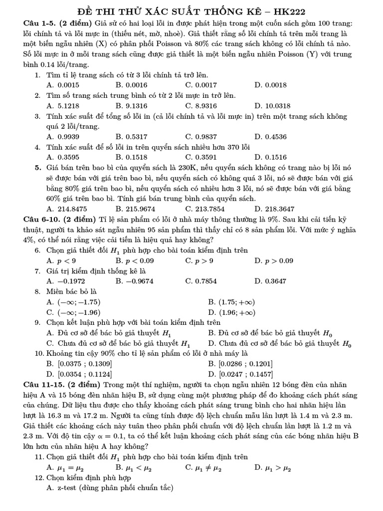 Đề thi thử XSTK HK222 | PDF
