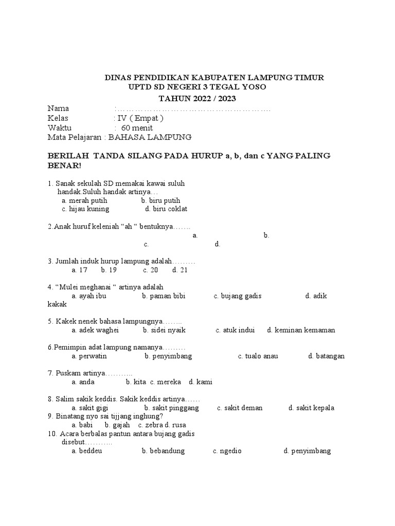 Ulangan Umum Mid Semester Genap Sekolah Dasar Bahasa Lampung Kelas 4 | PDF
