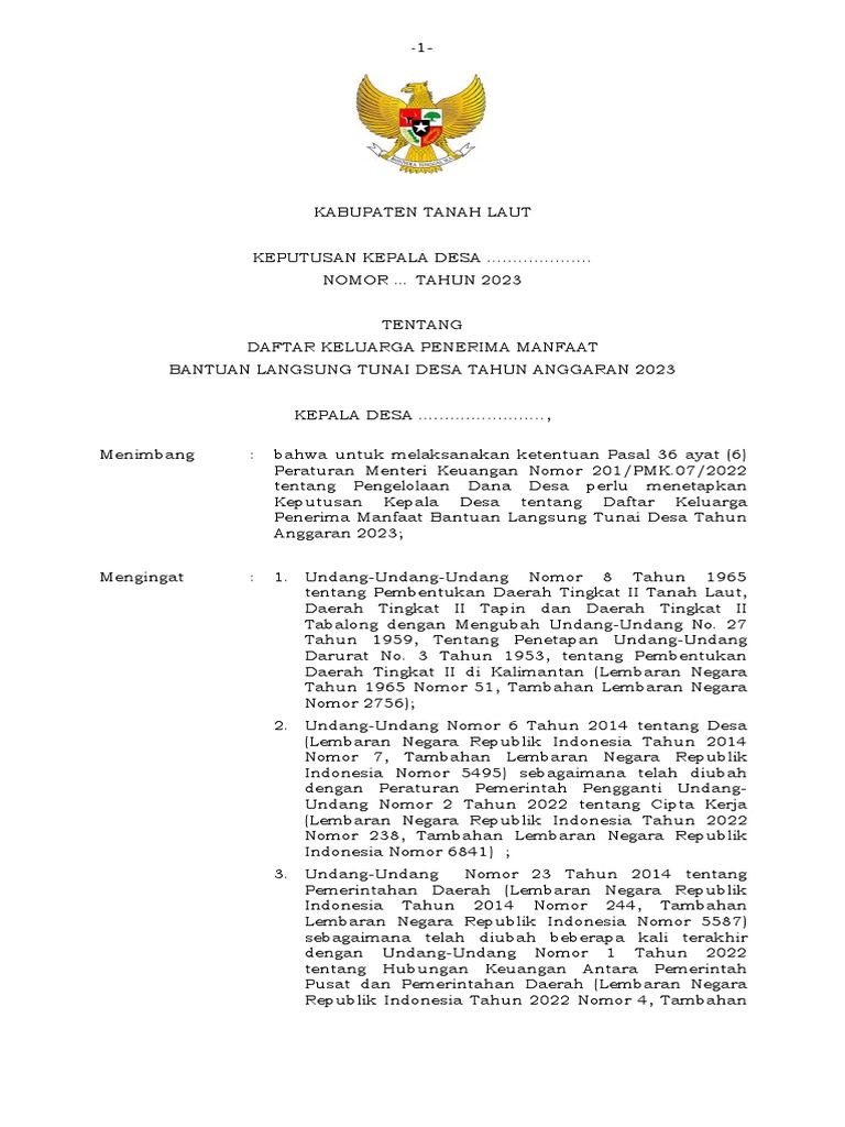 Contoh SK BLT Desa Tala - 2023 | PDF