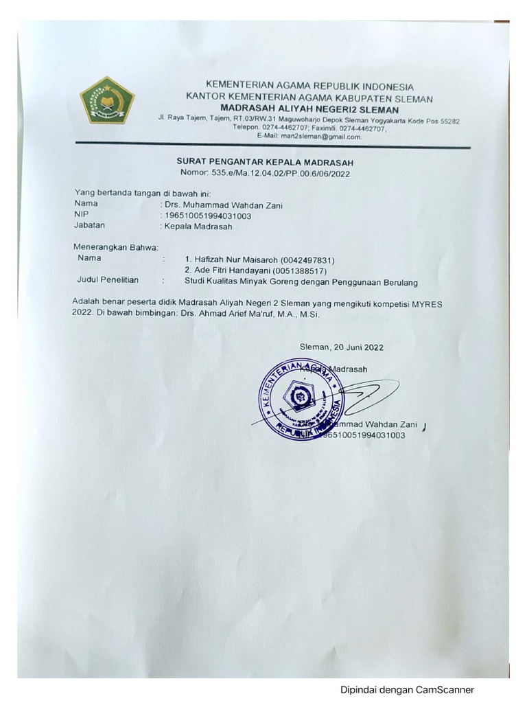 Surat Pengantar Kepala Sekolah | PDF