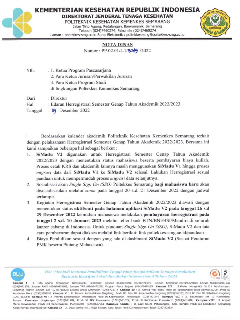 Nota Dinas Herregristrasi Semester Genap | PDF