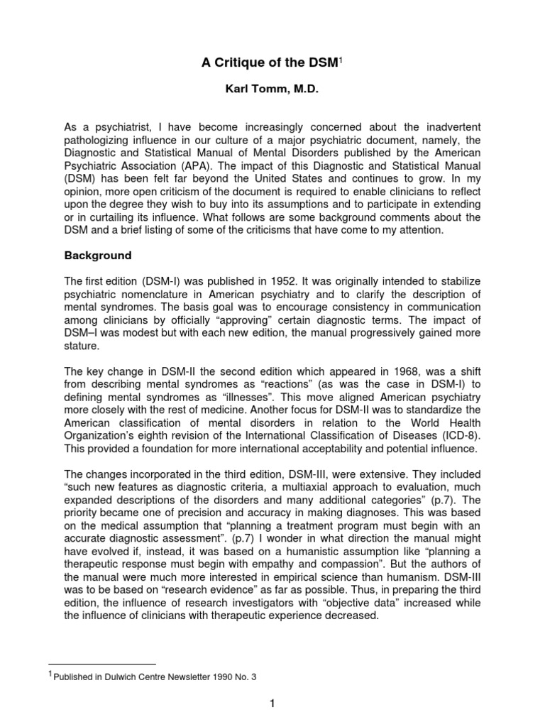 Critique DSM | PDF | Diagnostic And Statistical Manual Of Mental Disorders | Mental Disorder