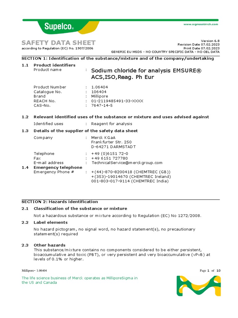 MSDS Sodium Chloride | Download Free PDF | Dangerous Goods | Toxicity