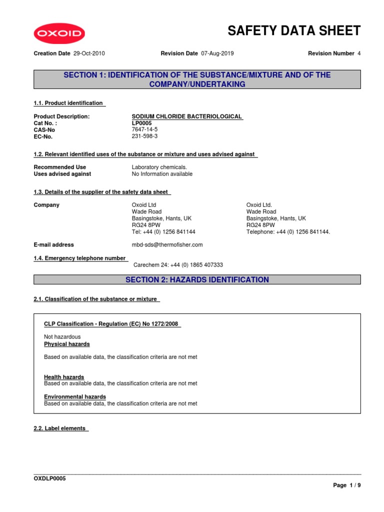 Sodium Chloride SDS Summary | PDF | Dangerous Goods | Firefighting