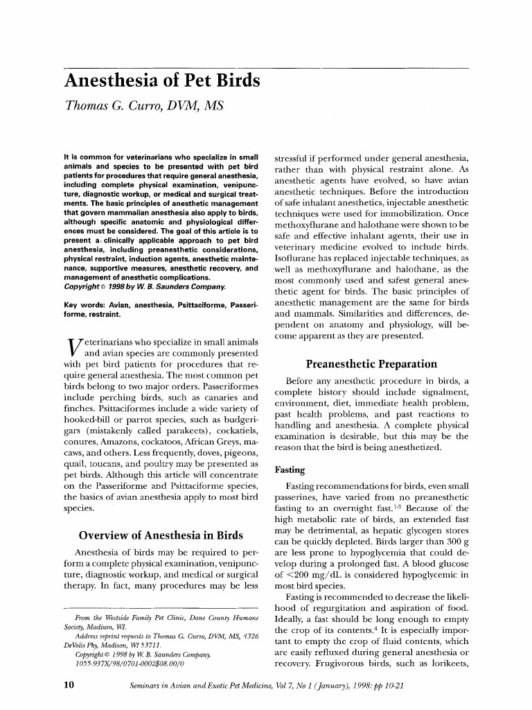 Anesthesia of Pet Birds | PDF | Anesthesia | Clinical Medicine