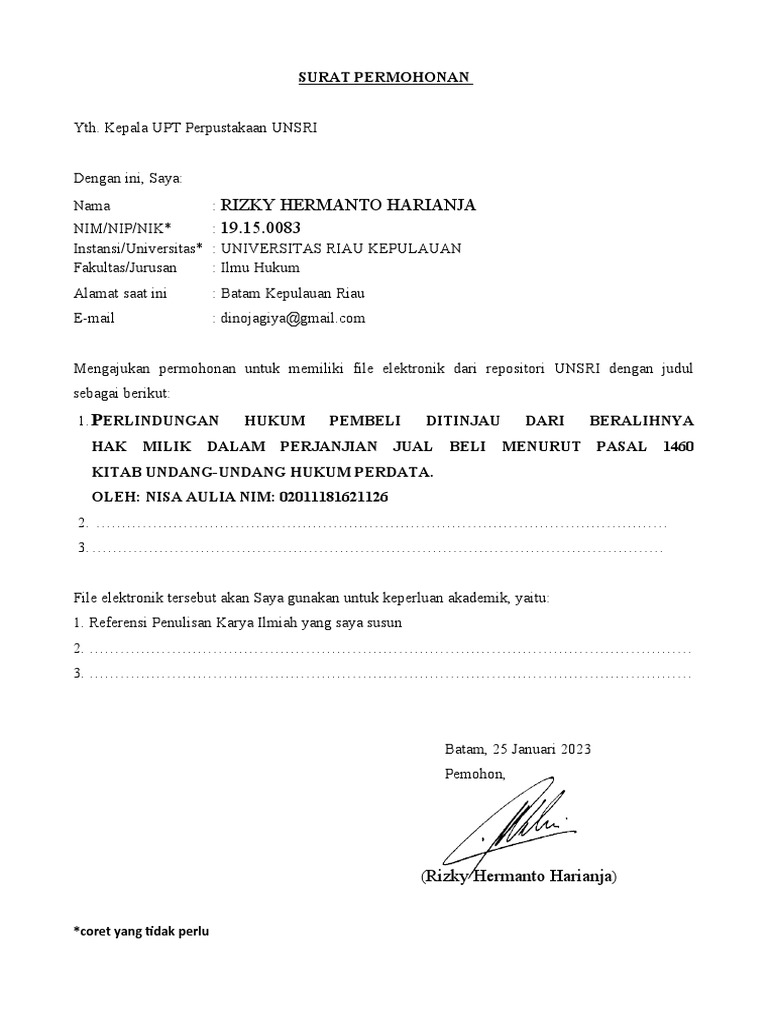 Surat Permohonan File Elektronik Repositori UNSRI | PDF