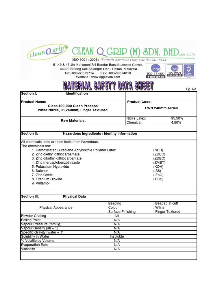 MSDS@Class 100,000 Clean Process White Nitrile, 9 (240mm) | PDF | Zinc ...