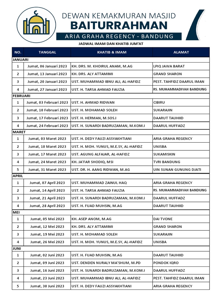 Final - Jadwal Khotib Jum'at Baiturrahman 2023 | PDF