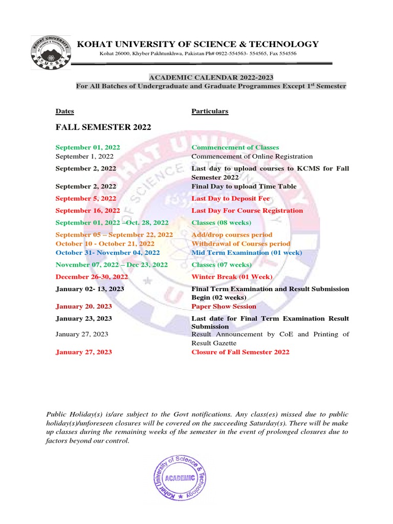 Academic Calendar Fall-2022 - Spring 2023 | PDF | Academic Term | Business