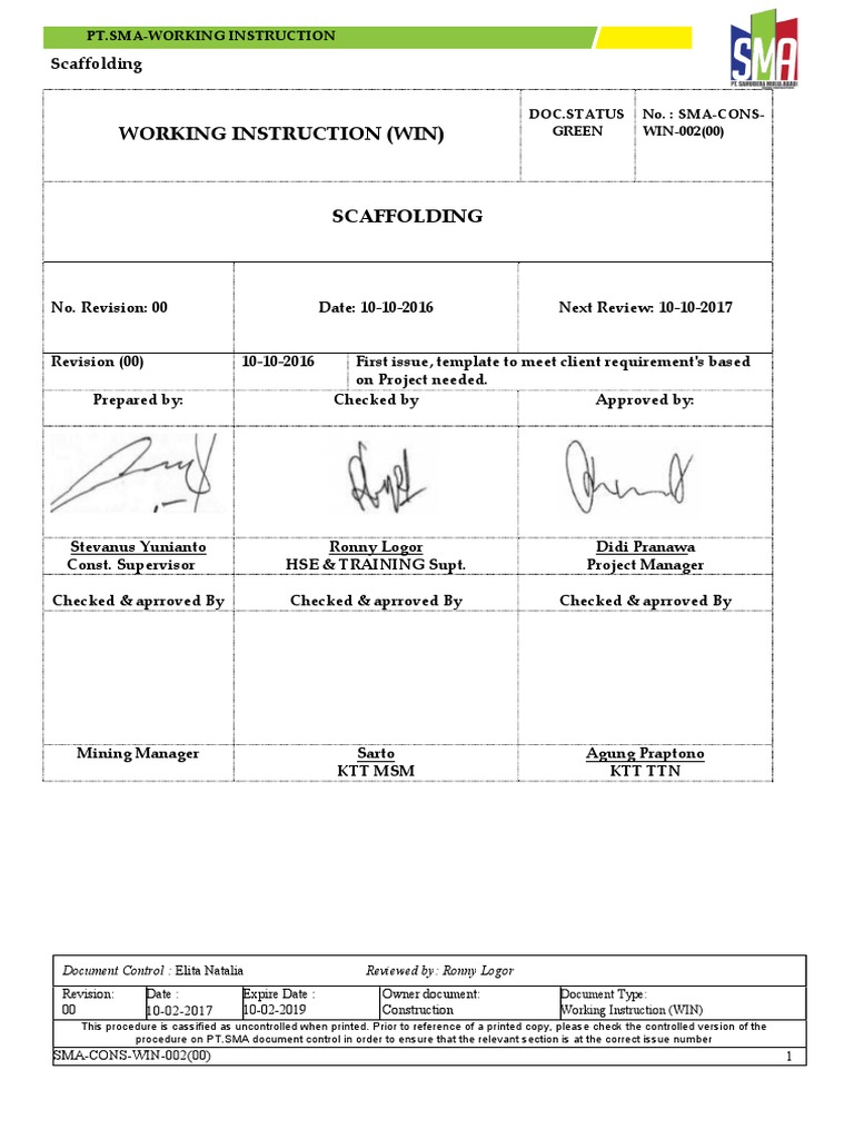 PT.SMA-WORKING INSTRUCTION ON SCAFFOLDING SAFETY | PDF | Scaffolding ...