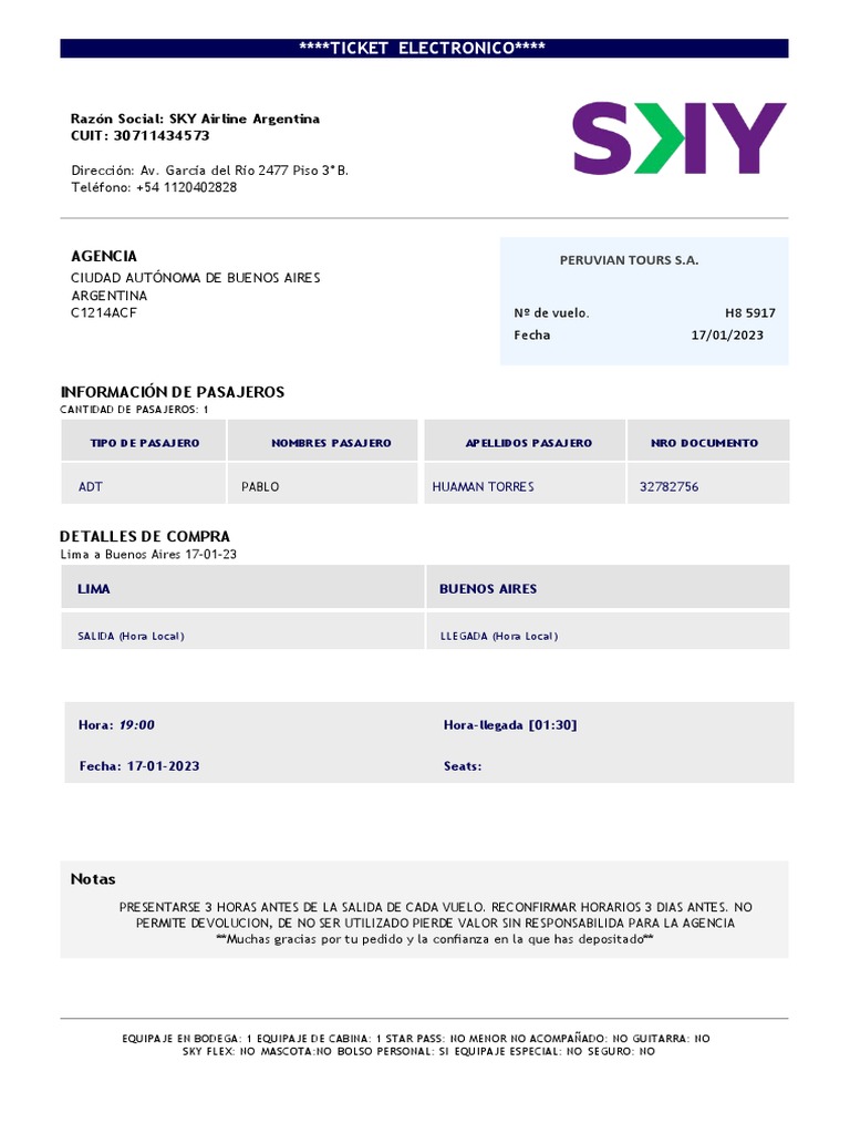 TKT Lim Bue Charter Lim Bue Pax Huaman Torres Pablo (Valeria) | PDF