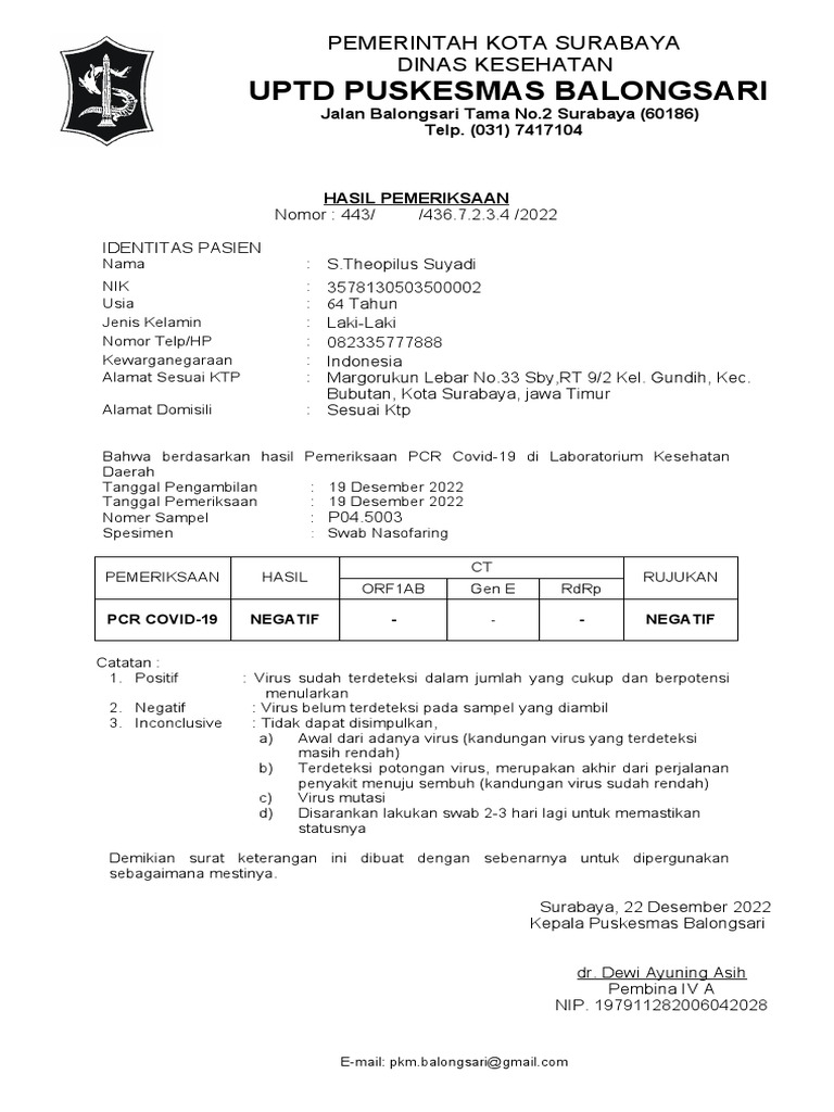 Form Surat Hasil Pemeriksaan Swab PCR | PDF
