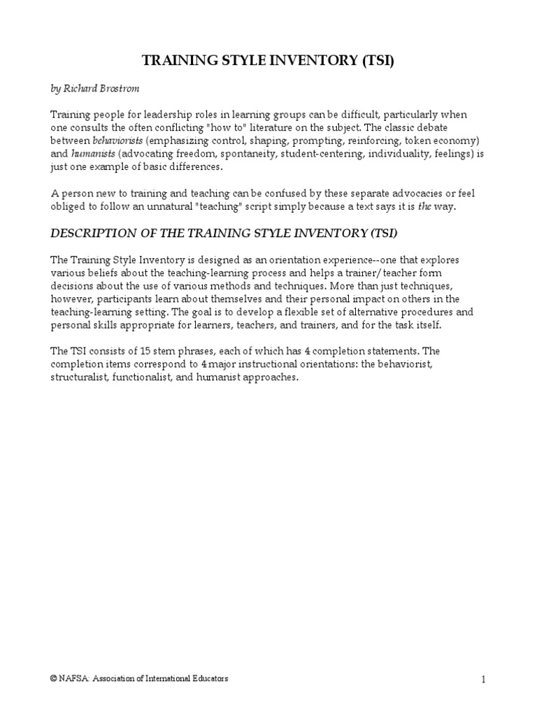 Training Styles Inventory Tsi Pdf Learning Behaviorism