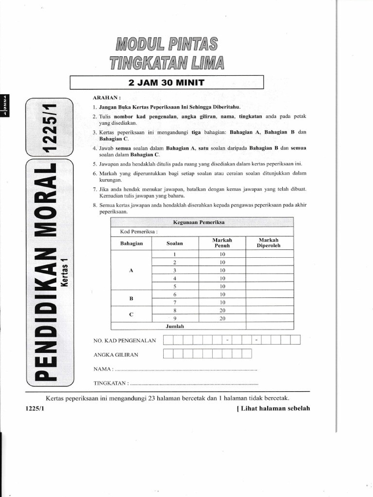 Kertas Trial Moral Selangor K1 2021 | PDF
