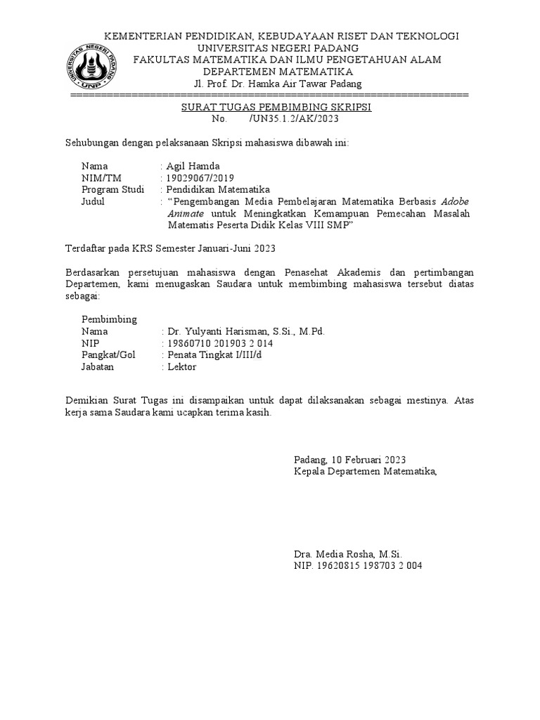 Surat Tugas Pembimbing Skripsi Agil Hamda (19029067) | PDF