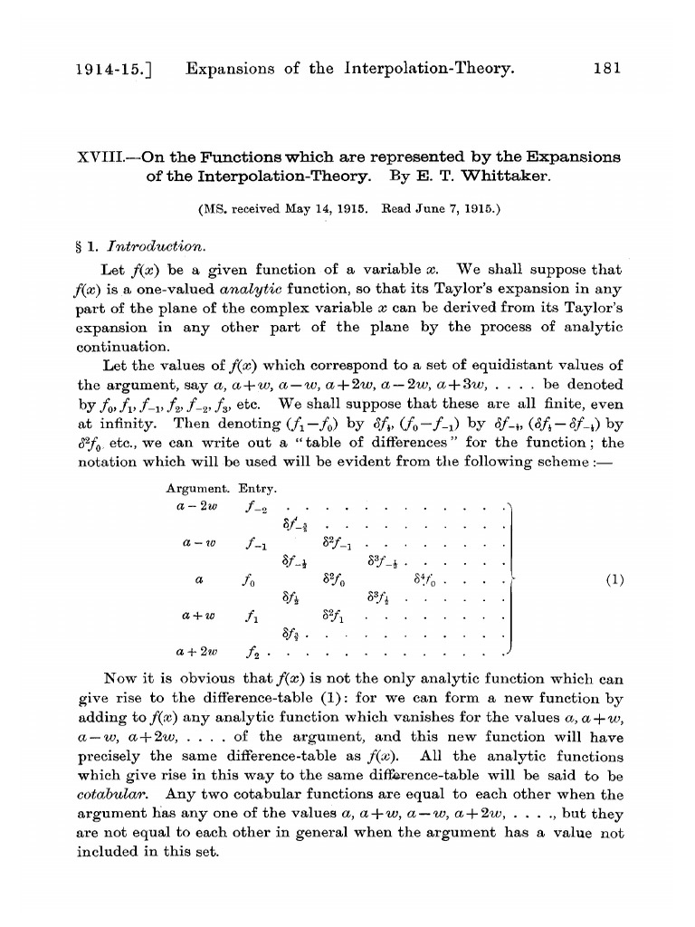 Whittaker 1915 | PDF | Function (Mathematics) | Infinity