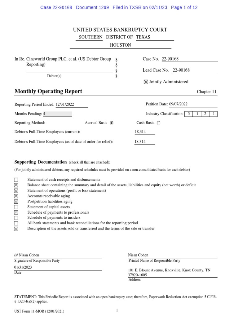 Monthly Operating Report: United States Bankruptcy Court | PDF ...
