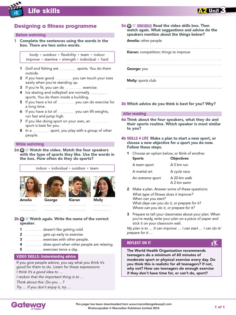 A2 UNIT 3 Life Skills Video Worksheet | PDF | Sports