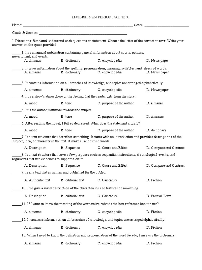 English 6 Periodical Test Guide | PDF | Encyclopedias | Dictionary