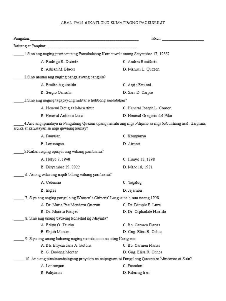 Aral. Pan. 6 q2 Summative 3 | PDF