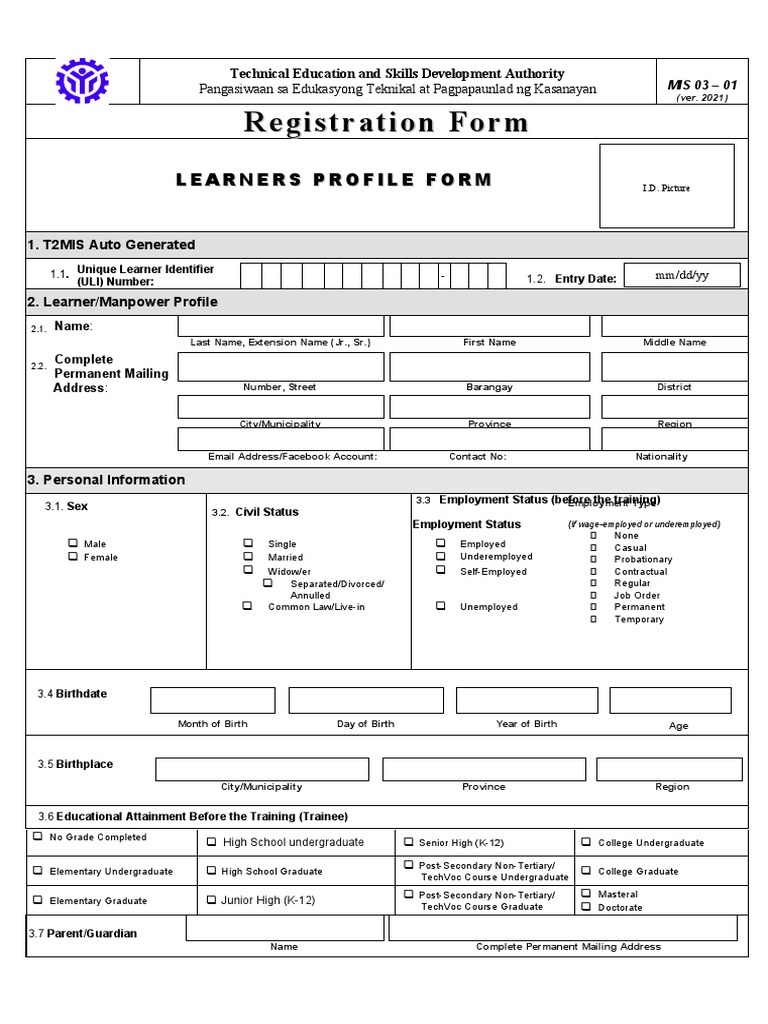 New TESDA Registration Form (MIS 03-01 V 2021) | PDF | Disability