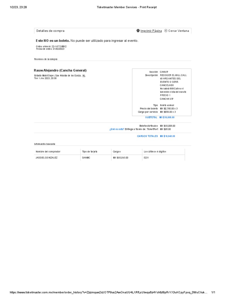 Ticketmaster Member Services - Print Receipt | PDF