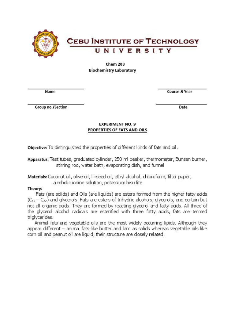Experiment 9 - Fats and Oils | PDF | Fat | Vegetable Oil