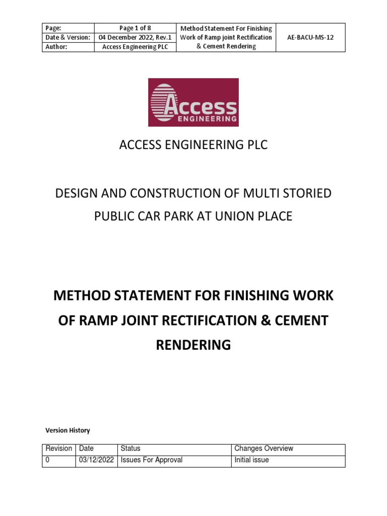 Method Statement For Ramp Joint Rectification And Cement Rendering Works Pdf Concrete Cement