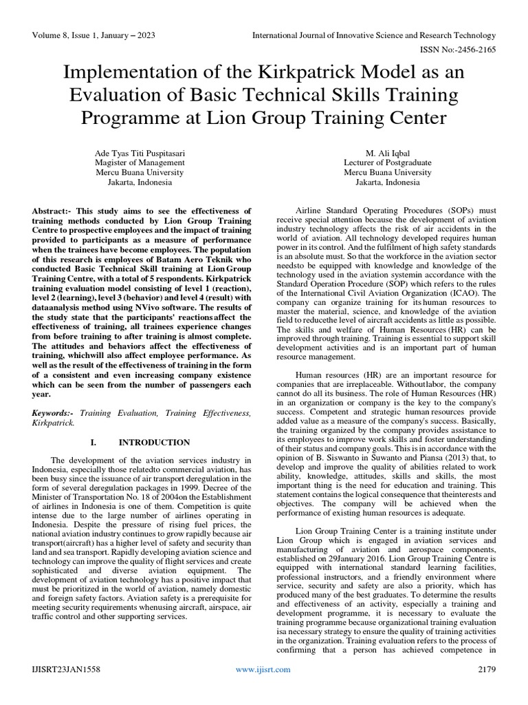 Implementation of The Kirkpatrick Model As An Evaluation of Basic Technical Skills Training ...