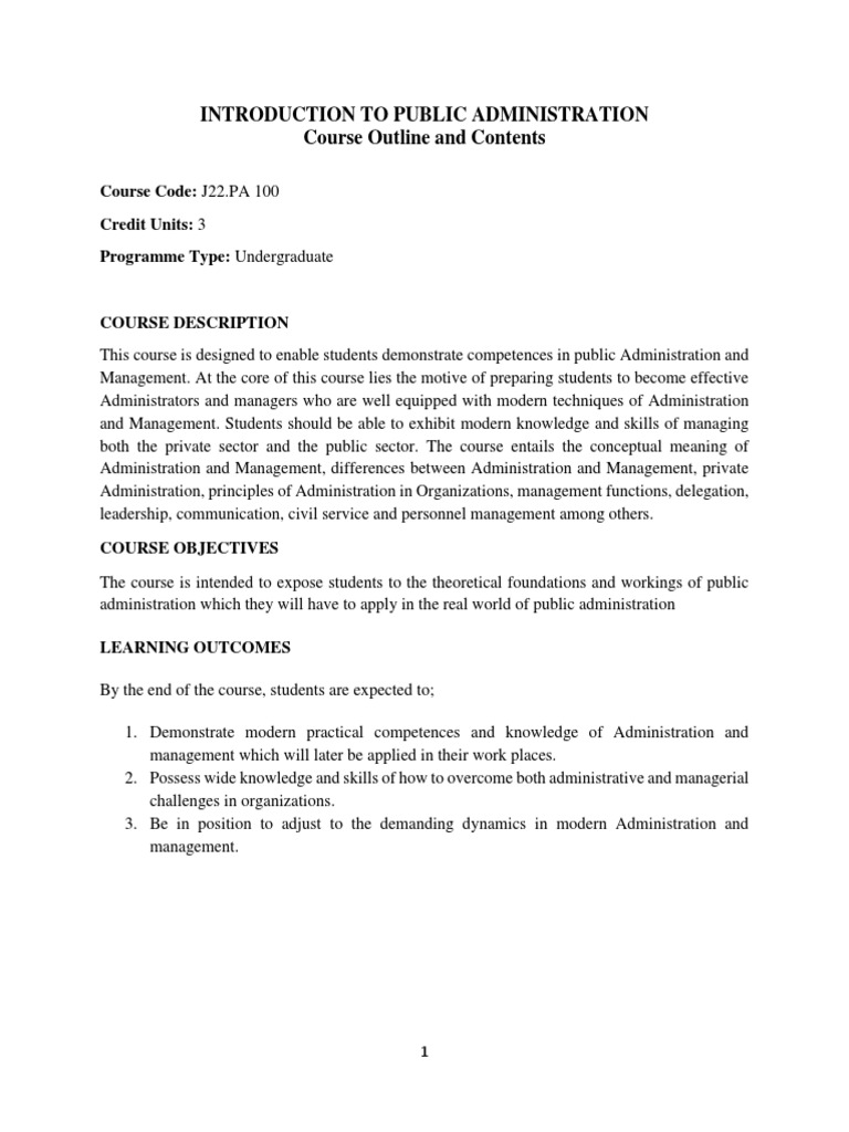 Introduction To Public Administration Course Outline | PDF | Leadership ... Introduction To Public Administration Course Outline | PDF | Leadership ...