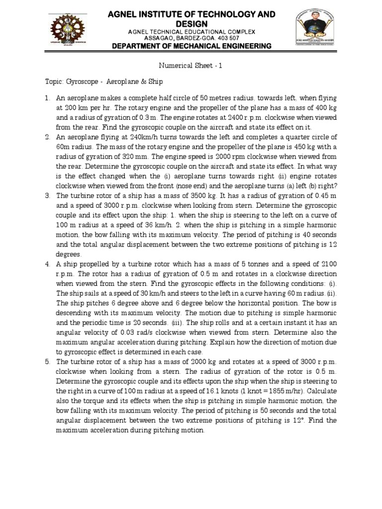 Numerical Sheet 1 | PDF | Turbine | Gyroscope