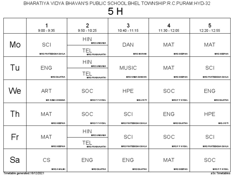 5H Class Time Table | PDF