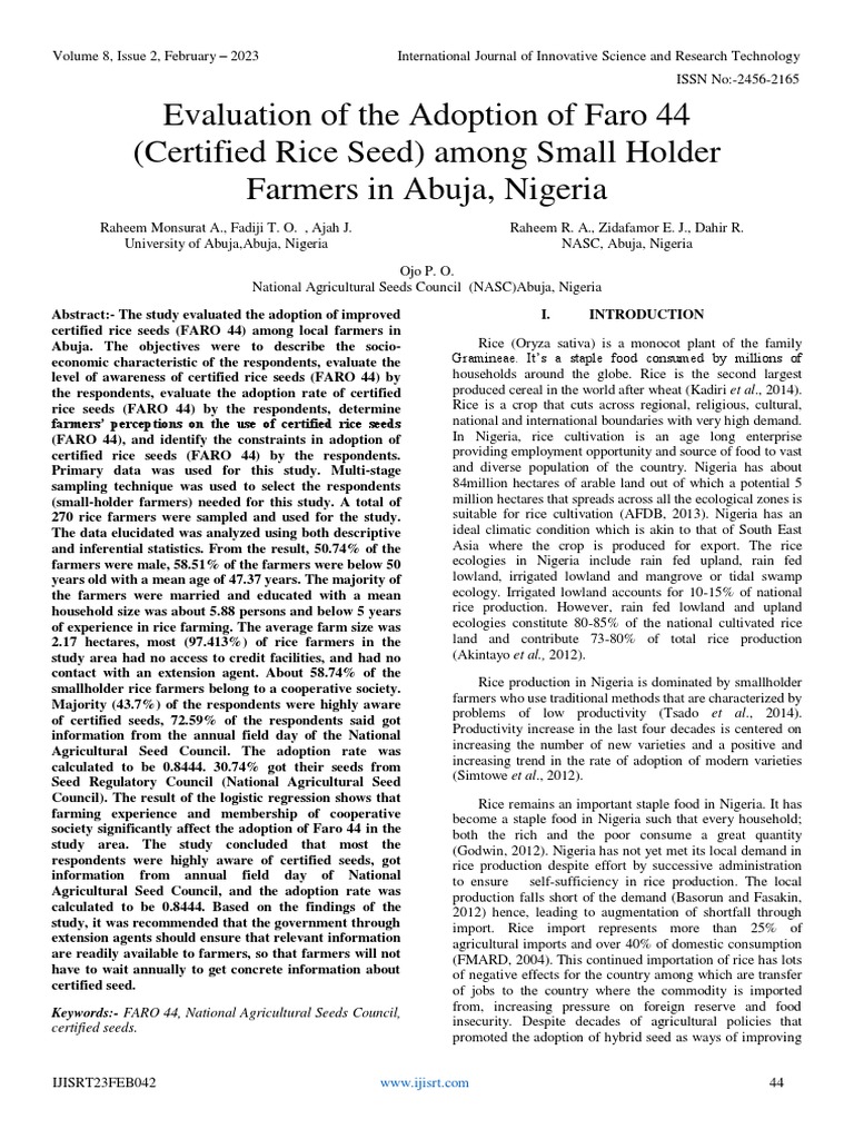Adoption of Faro 44 Rice in Abuja | PDF | Logistic Regression ...