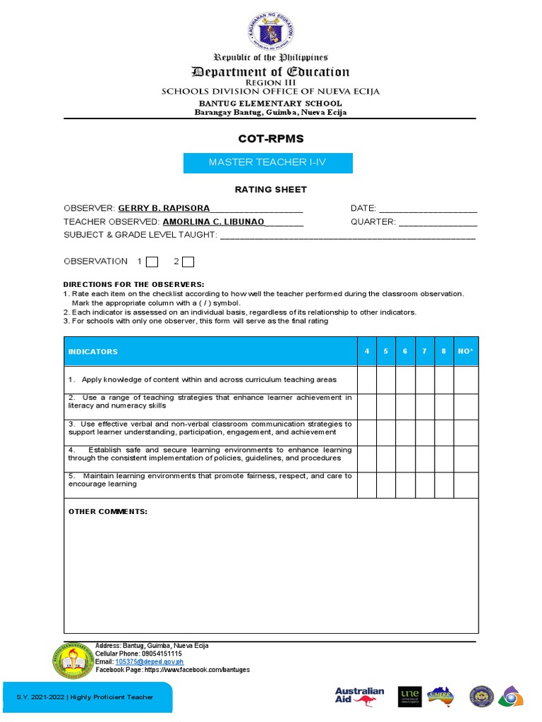 MT Rating Sheet COT | PDF | Teachers | Learning