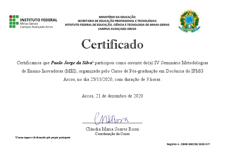 Z 38 Certificado Ifmg Iv Seminário Mei Metodologias de Ensino ...