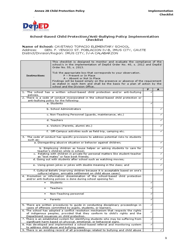 SIP Annex 2B - Child Protection Policy Implementation Checklist 1 | PDF ...