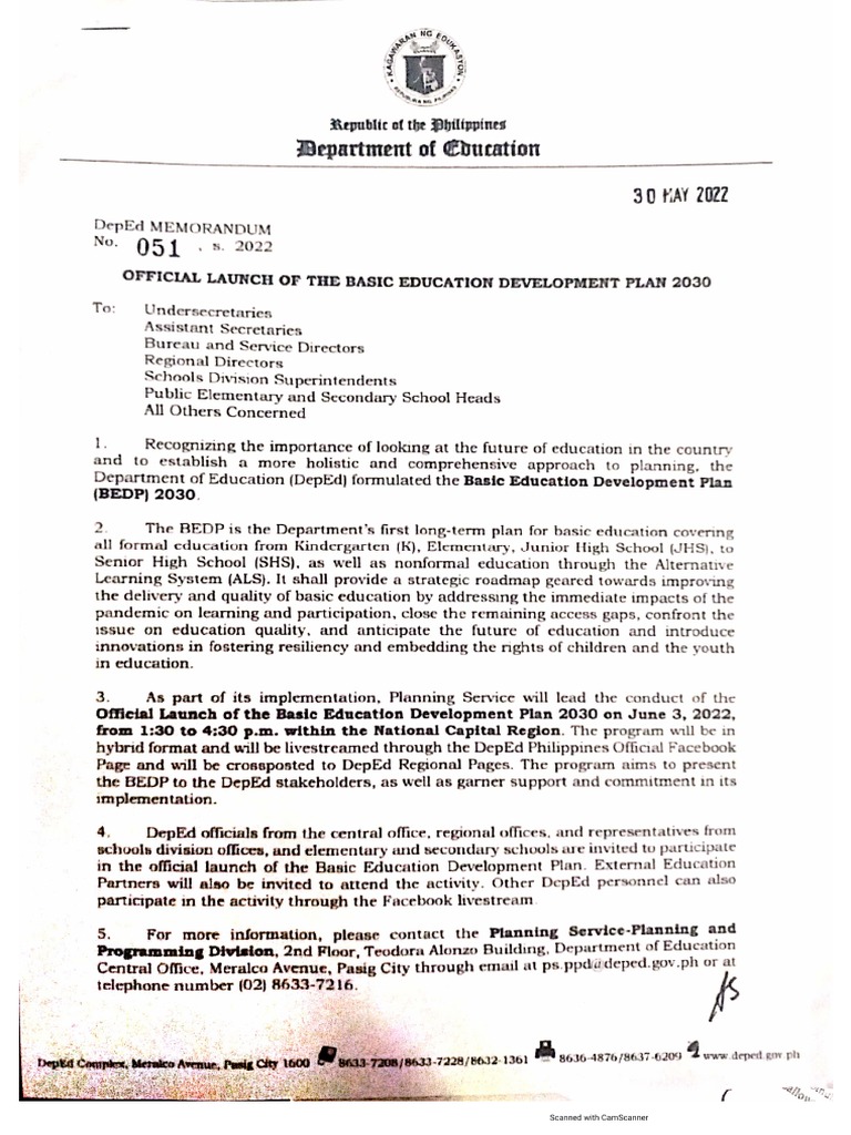 Dep Ed Memo 051 Official Launch of The Basic Education Development Plan ...