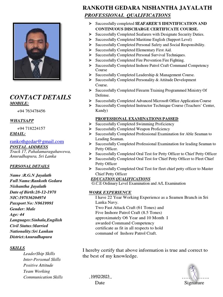 R G N Jayalath - CV | PDF | Sailor