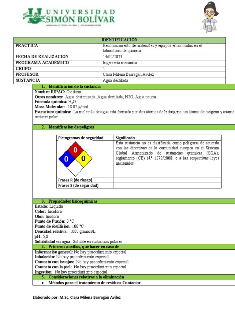 Ficha de Seguridad AGUA DESTILADA | PDF | Propiedades del agua | Agua