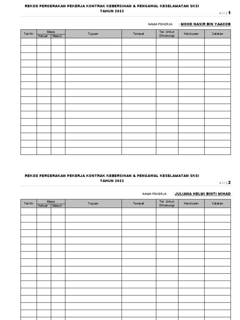 Rekod Pergerakan Pekerja Kebersihan & Kawalan Keselamatan Sekolah | PDF