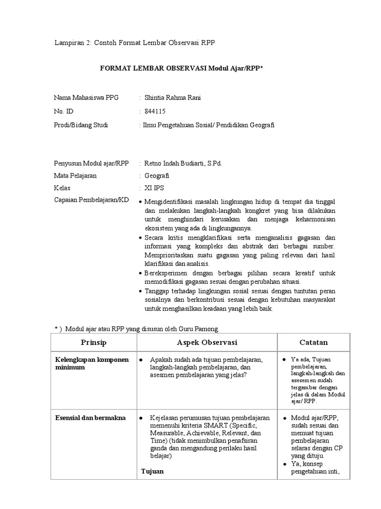 Lampiran 2 - Contoh Format Lembar Observasi RPP | PDF