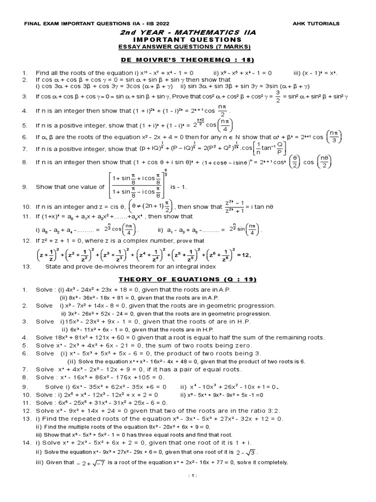 Final Exam Questions for Mathematics IIA-IIB | PDF | Quadratic Equation | Polynomial
