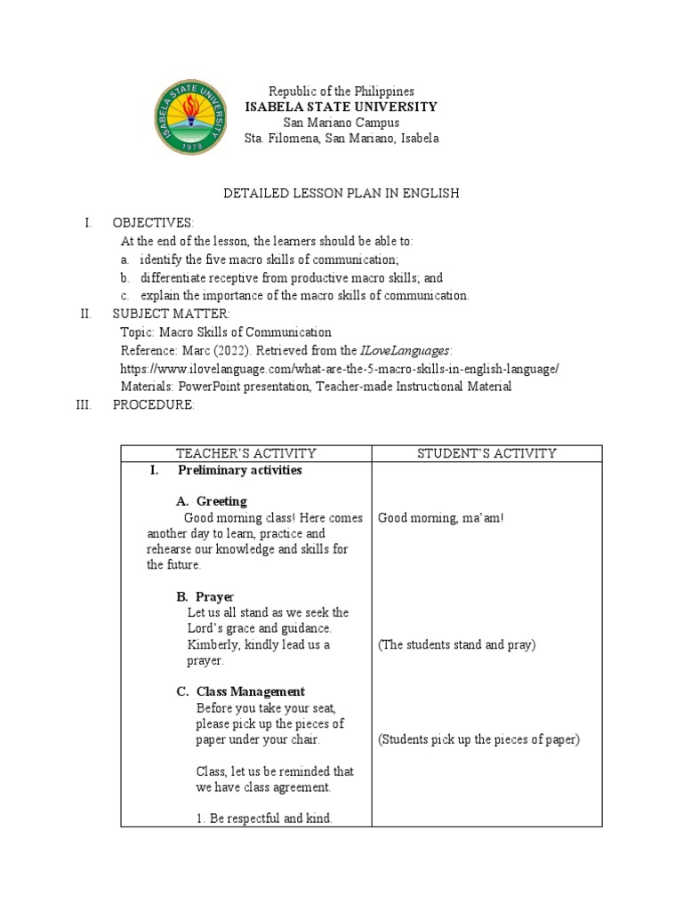 A Detailed Lesson Plan - Final Demo Macro Skills | PDF | Nonverbal ...